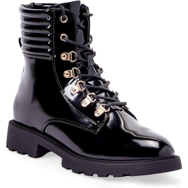 商品名JustFab Claudine Women's Combat Black Lace-Up Ankle Boots - Chunky Lug Sole, Faux Leather/Suede Fall Fashion, 9ブランド：J...