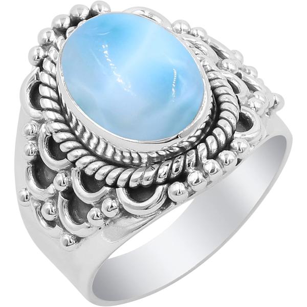 商品名Larimar Ring-Solid Sterling Silver Ring-Solitaire Boho Ring-10x14 mm Oval Dominican Larimar Cabochon Gemstones Statem...