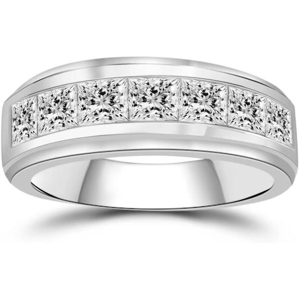 商品名2.1カラット 7ストーン プリンセスカット モアッサナイトリング メンズ モアッサナイト エタニティ 結婚指輪 Dカラー VVS1 ラボダイヤモンドチャネルセット スターリングシルバー 18Kホワイトゴールドメッキ メンズダイヤモン...