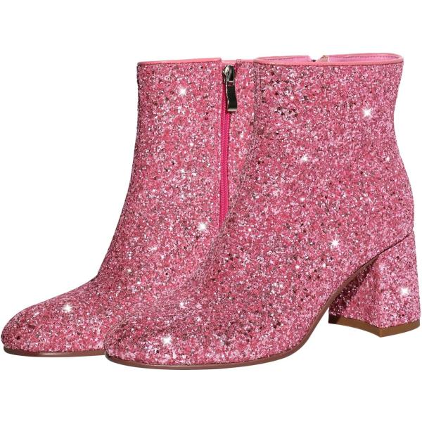 商品名richealnini Women's Ankle Boots with Glitters Block Heels Short Booties Sparkly Side Zip Up Mid Top Footwear Closed R...