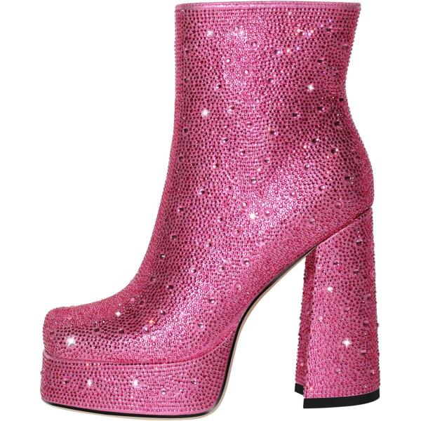 商品名richealnini Rhinestones Ankle Boots for Women Square Toe Block Heel Side Zip Up Diamond Platform Booties Crystals Seq...