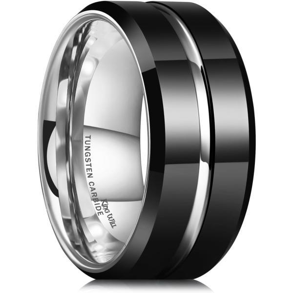 商品名King Will タングステンカーバイド結婚指輪 メンズ 8mm ブラック/シルバー/レインボー マット仕上げ 溝付きセンター 快適フィット メンズ結婚指輪 日常着用, 10, タングステン, 宝石なしKing Will Tungs...