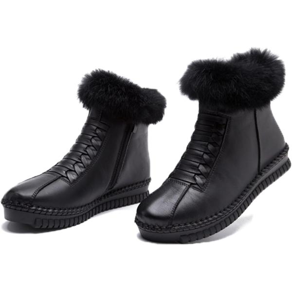 商品名Lymphvity Women's Cowhide Unique Strap Winter Snow Boots Faux Fur Lined Warm Ankle Boots Side Zipper Outdoor Cold Thi...