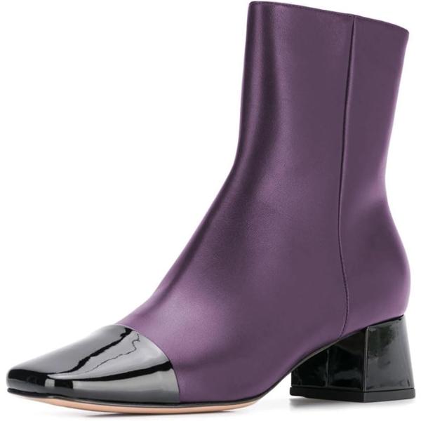 商品名miss left Women's Closed Square Toe Cap Ankle Boots Two Tone Chunky Block Low Heels Side Zipper Short Booties Daily W...