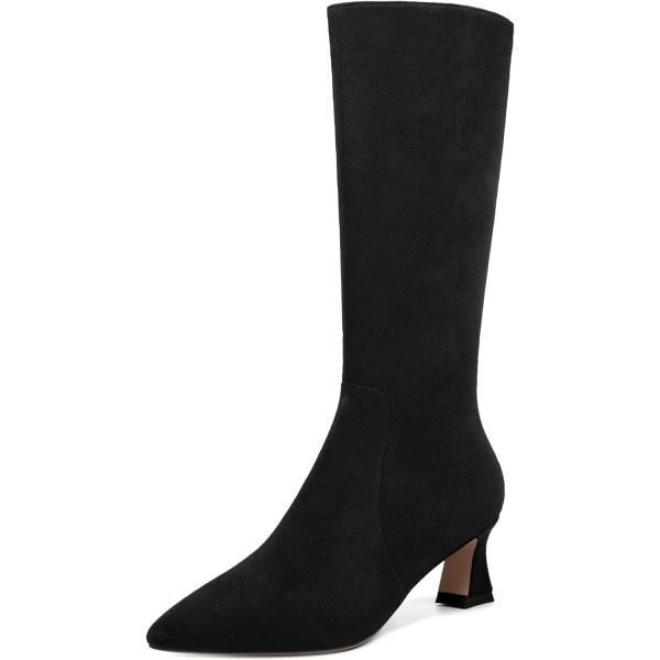 商品名MERRORI Women's Low Heel Pointed Toe 2 Inch Zip Spool Dating Suede Knee High Dress Boots Black Size 10 - Tacones de M...