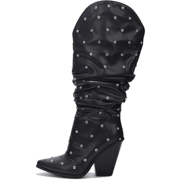 商品名Goolita Metallic Cowboy Boots For Women, Pointed Toe Chunky Heel Cowgirl Boots Slip On Wide Calf Slouch Knee High Boo...