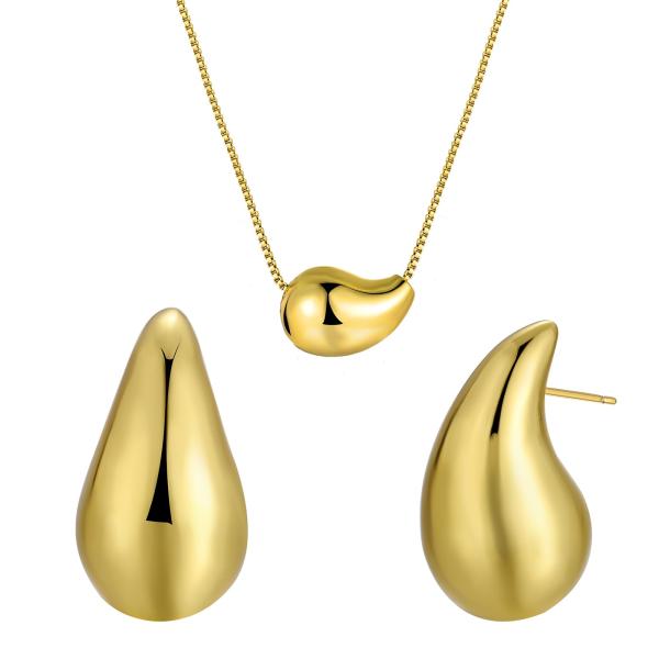 商品名: YREQUE 14K ゴールド シルバー ティアドロップ チャンキー フープ イヤリング レディース 軽量 ゴールド シルバー ウォータードロップ イヤリング ネックレス ジュエリーセット ファッション デュプ ドロップ イヤリン...