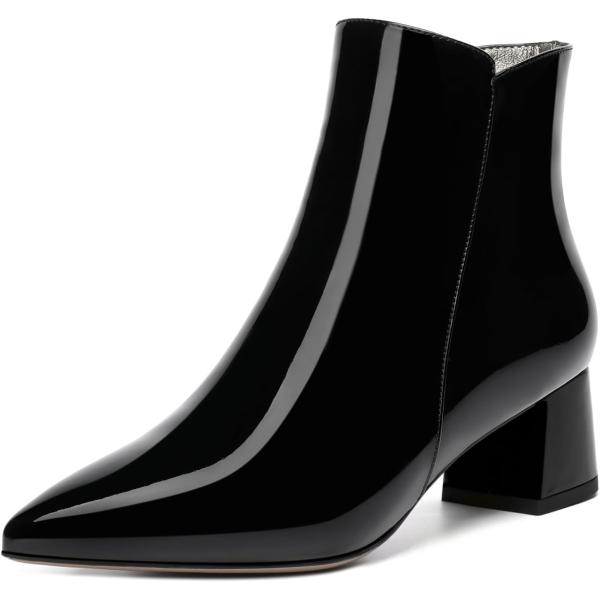 商品名MERRORI Women's Chunky Ankle High Zip Patent Low Heel 2 Inch Casual Pointed Toe Office Boots Black Size 11.5 - Zapato...
