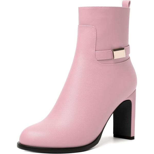 商品名MERRORI Women's Matte Zip Ankle High Round Toe High Heel 3.3 Inch Fashion Office Block Boots Pink Size 7.5 - Ropa Y Z...