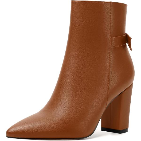 商品名MERRORI Women's Outdoor High Heel Block Pointed Toe Matte 3.3 Inch Casual Ankle High Zip Boots Brown Size 8 - Sapatos...