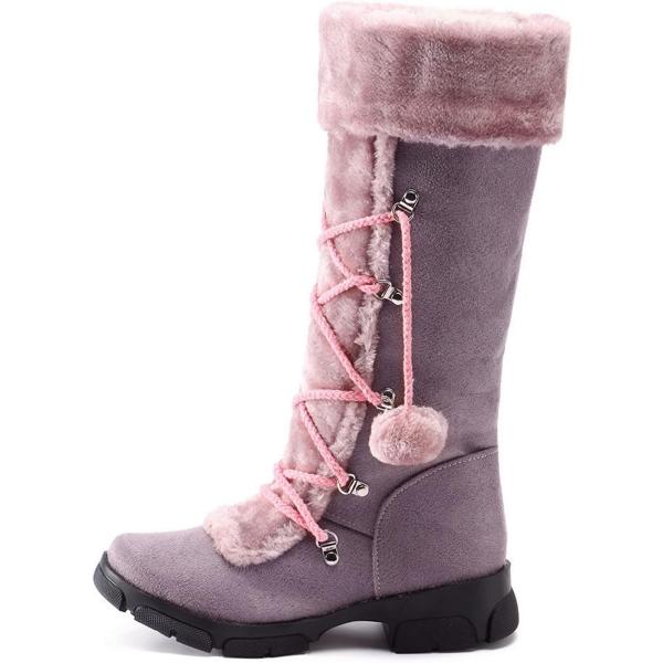 商品名Winter Mid Calf Snow Boots for Women, Pompom Lace Up Side Zipper Low Chunky Heel Booties Womens Fashion Furry Warm Ta...