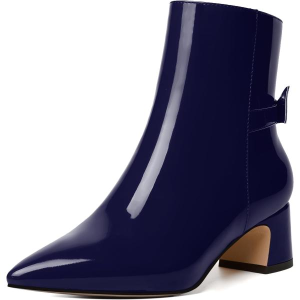 商品名MERRORI Women's Chunky Casual Patent 2 Inch Zip Pointed Toe Wedding Ankle High Low Heel Boots Navy Blue Size 11.5 - T...