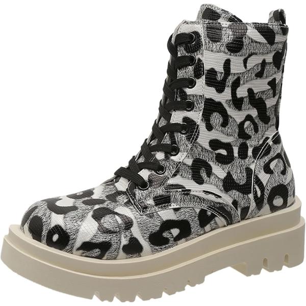 商品名FAMOORE Lace up Flat Boots Simple And Natural Versatile Fashion Boots Round Toe Large Size Leopard Wedge Boots for Wo...