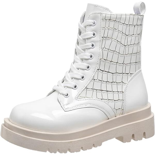 商品名FAMOORE Low Heel Boot for Women Pattern Spliced Leather Lace Up Thick Sole Short Boots Womens Boot (White, 6.5)ブランド：F...