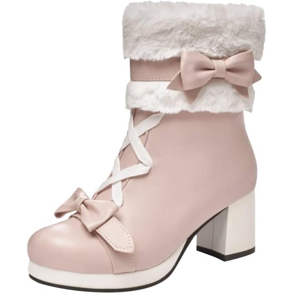 商品名FAMOORE Ultra Mini Shade Solid Color Short Boots Round Toe Middle Heel Chunky Heel Zipper Bow Boots Boots for Women C...