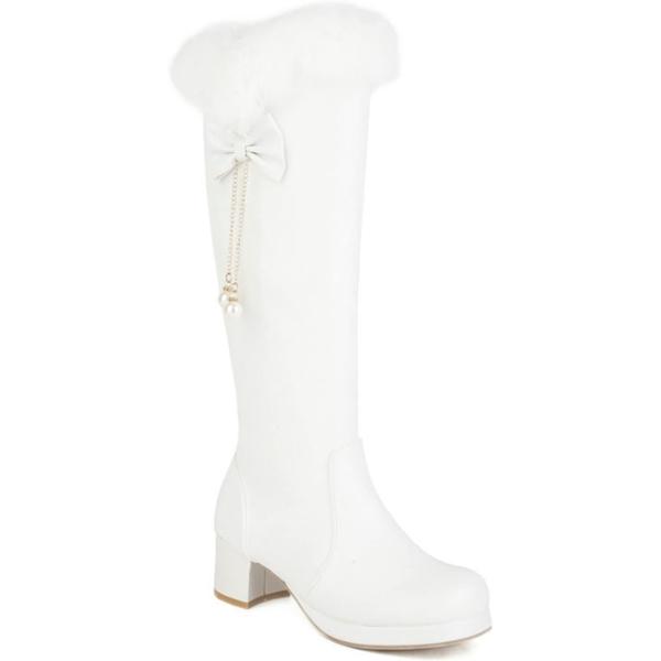 商品名FAMOORE Mid Calf Cowboy Boots Tall Women's Boots Plush Cotton Boots Warm Snow Boots Wide Calf Womens Boots (White, 8....