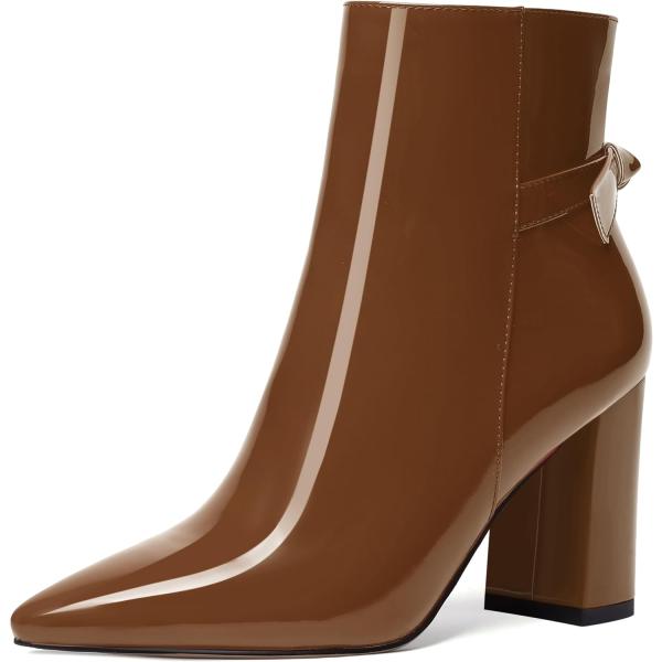 商品名SHOWFOREST Women's Patent Dating High Heel Ankle High Fashion Zip Pointed Toe 3.3 Inch Block Boots Brown Size 10.5 - ...