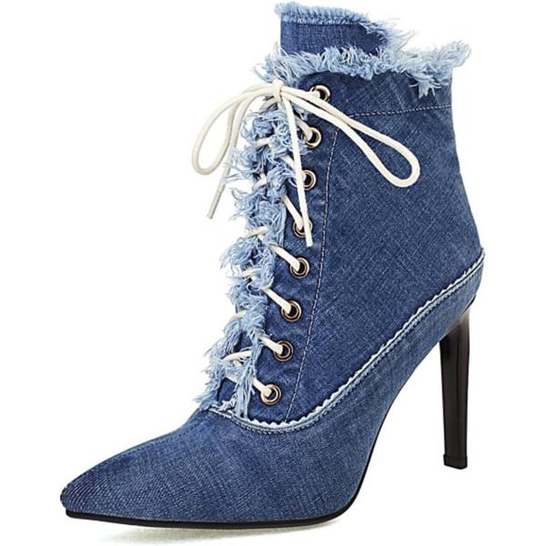 商品名COOLLULU Womens Denim Ankle Boots Point Toe Stiletto High Heel Lace Up Ankle Boots Blue US 4ブランド：COOLLULU商品サイズ：4商品番号：...