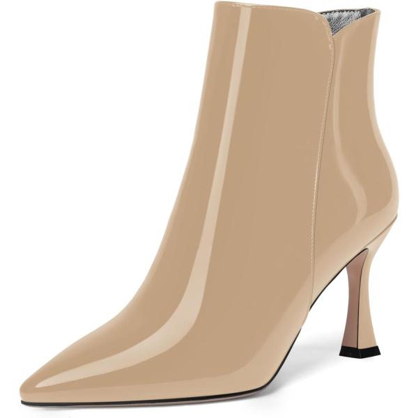 商品名MERRORI Women's Patent Ankle High 3.3 Inch High Heel Pointed Toe Dress Zip Evening Spool Boots Beige Size 5 - Zapatos...