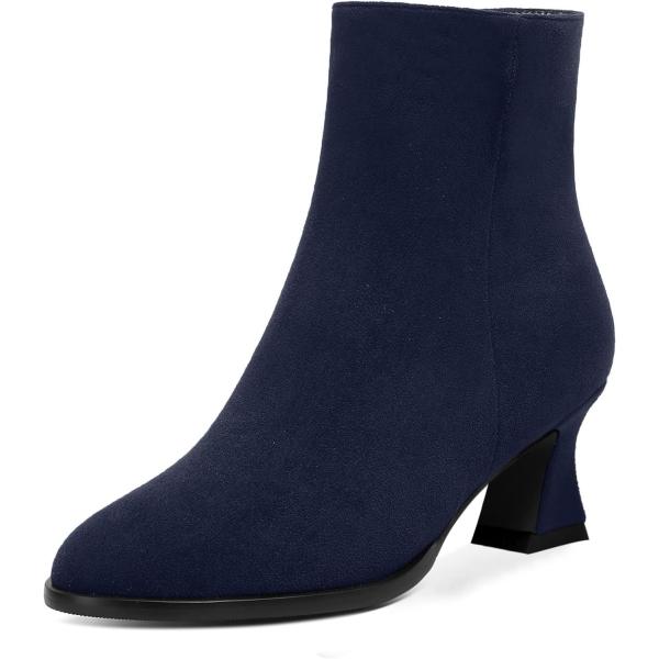 商品名MERRORI Women's Office Round Toe Casual Low Heel Ankle High Spool 2 Inch Zip Suede Boots Navy Blue Size 7 - Zapatos d...