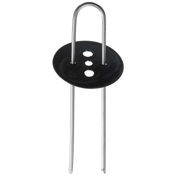 【商品概要】防草シート、不織布、マルチ、その他シート、ネット類の止め杭に最適。U字型のピンを黒丸の穴に差し込みご使用下さい。材質 ピン:スチール製 シルバー色 黒丸:ポリエチレン製 黒色ワイヤー部:長さ15cm×幅3cm【商品説明】【商品詳...