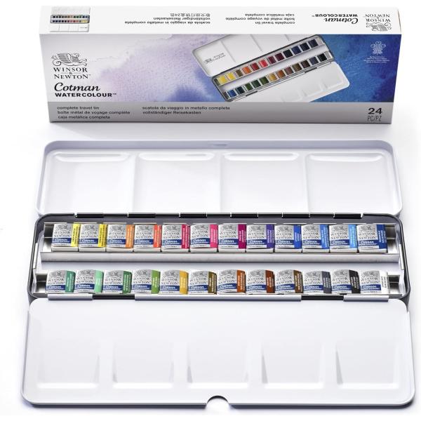 【商品概要】ウィンザー&amp;ニュートン コットマンウォーターカラーアマチュアから、大量の絵具を必要とするプロのアーチストまで満足できる、高品質の水彩絵具です。コットマン ウォーターカラー(CWC)ハーフパン 24色メタルパレットケースパ...
