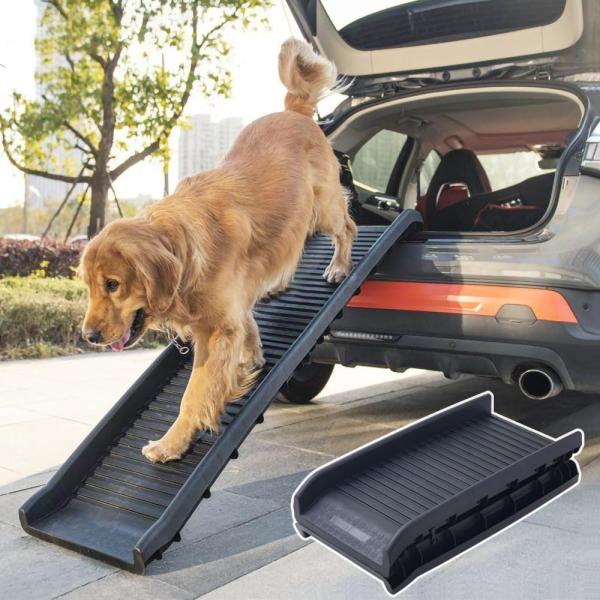 【商品概要】??車やクリニックの診察台など高い場所の昇り降りに役立つスロープ??大型犬や老犬の体への負担を減らすことができ、ペットを抱きかかえる必要がないので、飼い主さんも大助かりのアイテムです。??スロープ部分は滑りにくい凹凸仕様。裏側に...