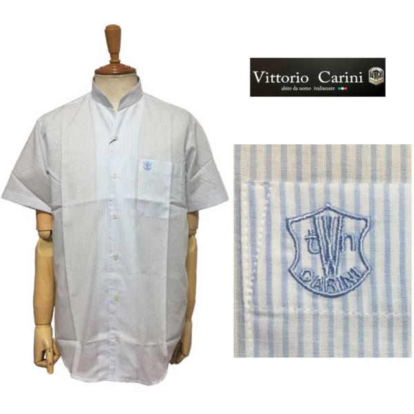品名 Vittorio Carini　ビットリオ カリーニ ワンポイント刺繍 半袖スタンドカラーシャツ ストライプ柄 商品説明 高級ブランド Vittorio Carini ビットリオ・カリーニ 半袖スタンドカラーシャツです。ストライプ地、...