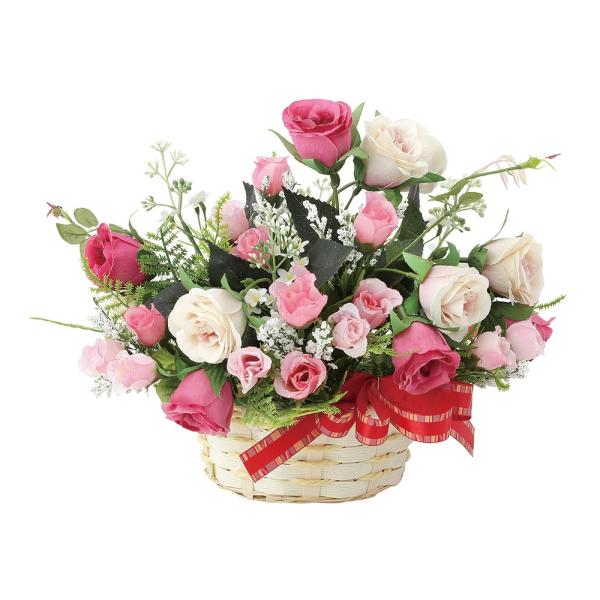 【SIZE】幅30×奥行き25×高さ23cm　　鉢：籐カゴ■ギフト対応：お祝い/贈り物　(メッセージカード/ビジネス向け立札もOK)Green-Artの光触媒・人工植物(フェイク)「フラワー＆グリーン」