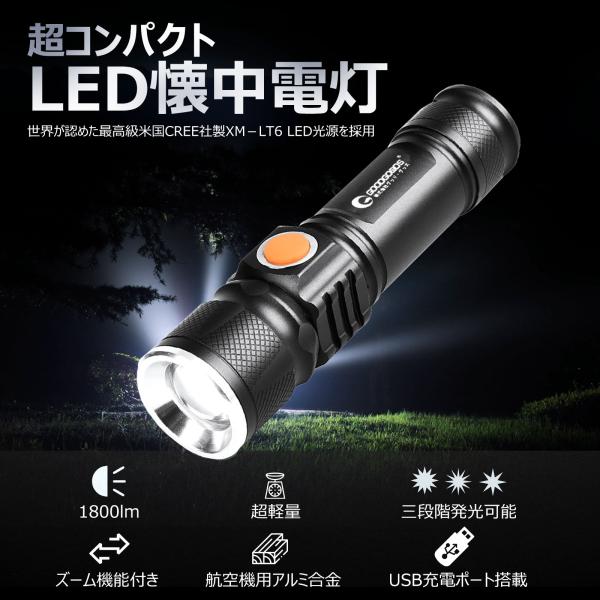 商品名：USB充電式LED懐中電灯品番：ES-20U製造元：グッド・グッズ光源数：米国CREE社製XML-T6×1照明：1800ルーメン充電時間：約6-8時間点灯時間：HIGH：3時間・LOW：6時間重量（約）：100g3モード：HIGH・...
