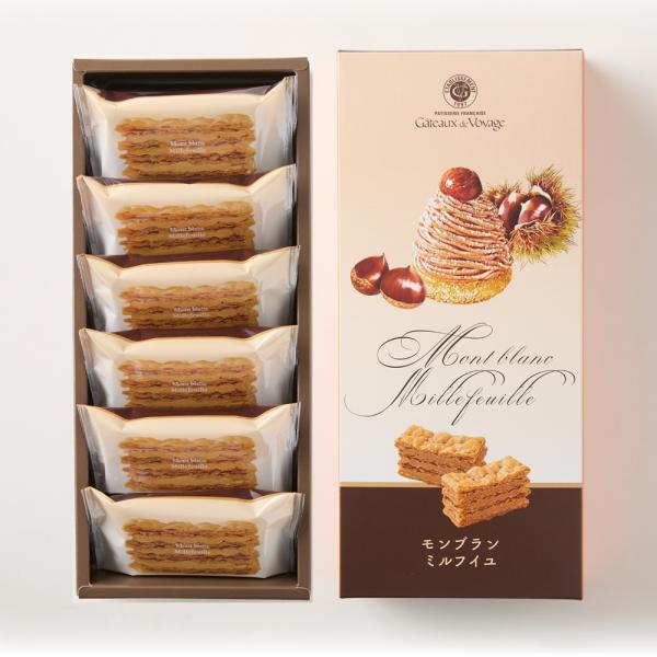 厳選されたスペイン産完熟栗のペーストと和栗ペーストを合わせ、生菓子のモンブランのような濃厚でコクのあるクリームを 144層からなる本格的な折パイでサンドしたミルフイユです。