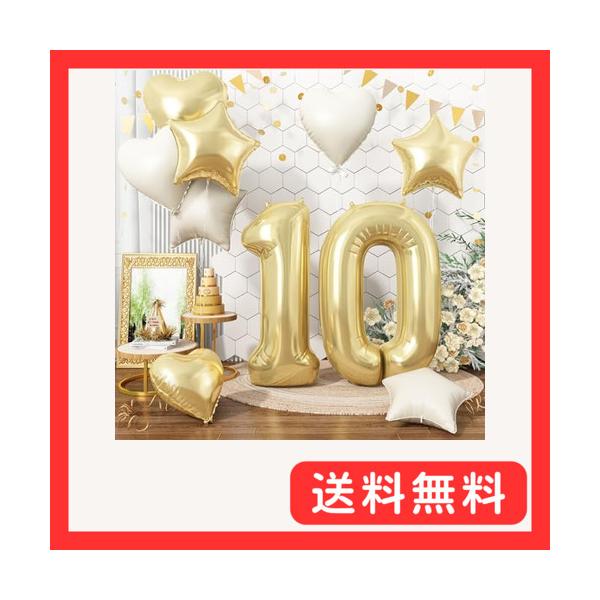 ライトゴールド/10/-・Color:ライトゴールドSize:10・今年の誕生日のお祝いに：お誕生日や記念日などのパーティーにぴったりなバルーンセットで。写真におさめれば存在感抜群のビックナンバー、そしてハート型と星形のアルミ風船が空間を華...