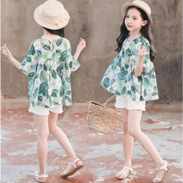 女の子 セットアップ 半袖 ブラウス ショットパンツ 2点セット ジュニア 可愛い 子ども 夏 お出かけ 普段着 遠足 通学 キッズ スウィート ■素材：綿混■セット内容：ブラウス+ショットパンツ■サイズ：（単位：cm）【120】適応身長1...