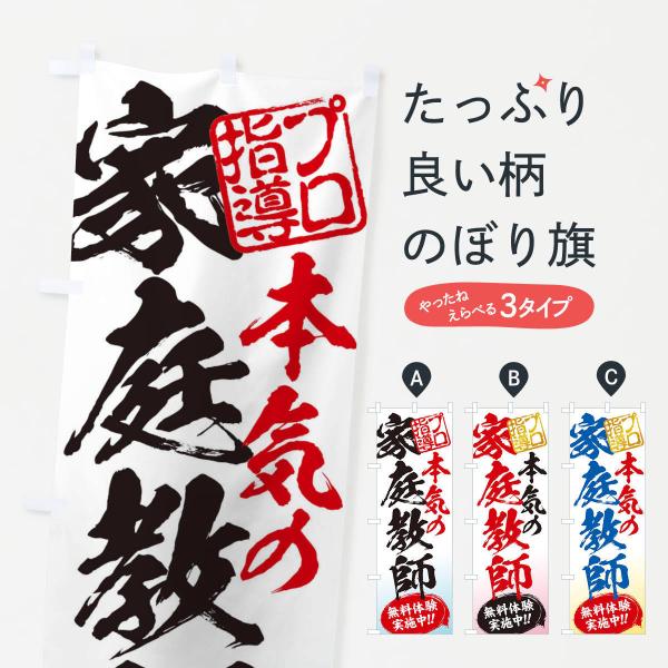 2SXT のぼり旗 家庭教師／学習塾●のぼり旗の内容 :のぼり旗 家庭教師／学習塾●印刷 : フルカラーダイレクト印刷●基本サイズ : 60cm×180cm （リサイズ変更できます）●その他用途に合わせて選べるサイズ。●生地 : ポンジ、テ...