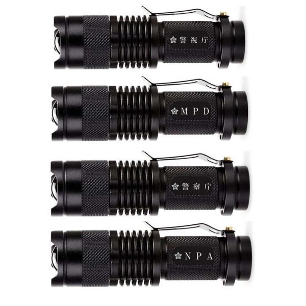 ロゴ入りLEDズームランチャー3段階調整機能付ライト カラー：ブラック （レーザー刻印） 本体サイズ：92〜100mmx25mm 明るさ：約300ルーメン 材質：航空アルミニウム合金 防水機能：日常防水 ＜3段階調整：強・弱・点滅＞ 消灯時...