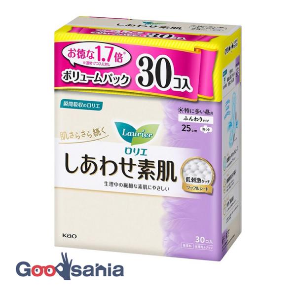 生理中の繊細な素肌にやさしいつけ心地。低刺激タッチワッフルシート(メーカー従来品の「ふわポコ表面シート」と同一)採用。大きいドームは肌にやさしくあたり、小さいドームは空気を通す設計。肌にあたる面を最小限(ロリエ生理用ナプキン内)にし、こすれ...