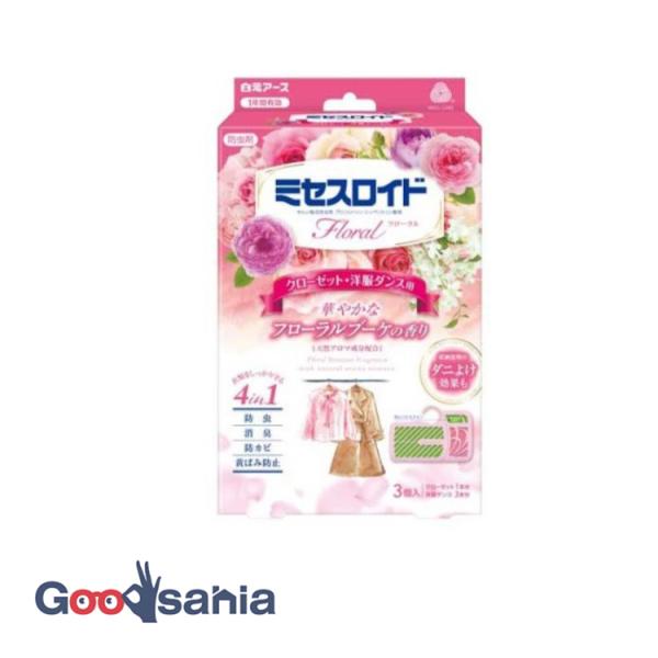 ミセスロイド フローラル クローゼット・洋服ダンス用 1年防虫 フローラルブーケ 3個ニオイがつかない防虫成分。消臭成分配合。収納空間の気になるニオイ※を消臭します。(※気になるニオイ=カビ臭・汗臭・体臭)防カビ剤配合。カビの発育を抑えます...