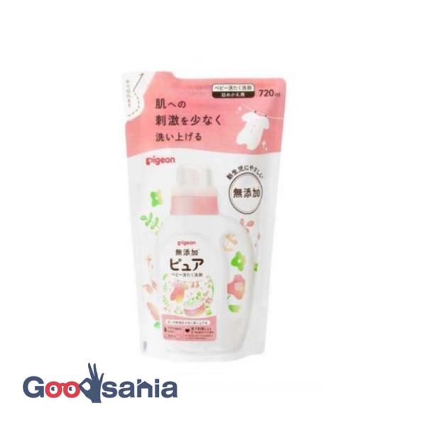 うまれたての赤ちゃんにやさしい赤ちゃんの洗たく用洗剤ピュアの詰めかえ用2回分！0ヵ月の赤ちゃんから使えます。洗剤残りの心配がなく、衣類の水通しから使えます。植物性洗浄成分で、うんちやミルクの汚れをすっきり落とします。ピジョン基準の安全性テス...