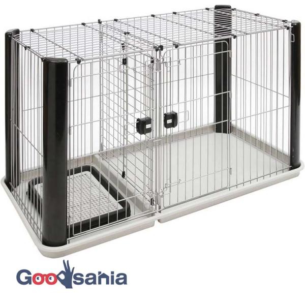 ・シックなカラーとデザインがスタイリッシュな空間を演出！・ケージ内を2つのスペースに分けられる仕切りドアで、トイレとくつろぎスペースを分離できます。・ワンちゃんがトイレの場所を覚えやすく、しつけもしやすいです。・住居側は横スライドドアで開閉...