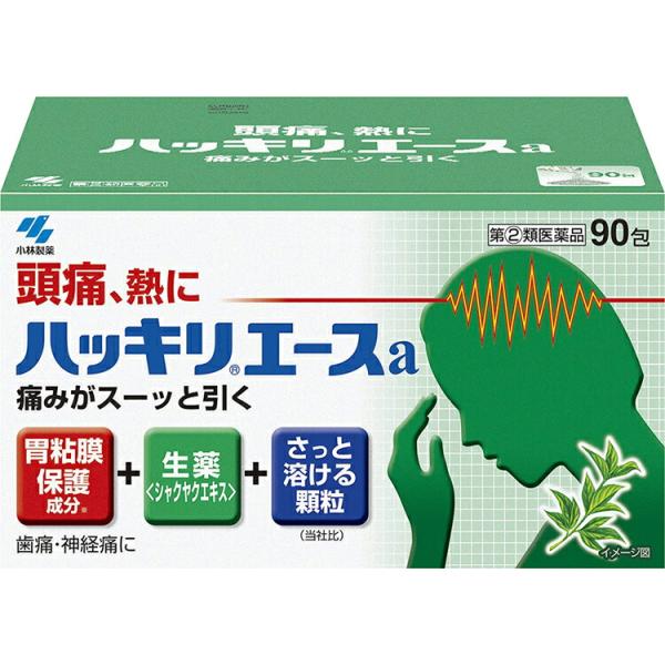 ★セルフメディケーション税制対応商品です。第(2)類医薬品 小林製薬 ハッキリエースa 90包●生薬鎮痛成分(シャクヤクエキス)を配合した頭痛薬です●胃粘膜保護成分を配合した胃にやさしい頭痛薬です●早く溶けるさわやかな緑の顆粒です●非アスピ...