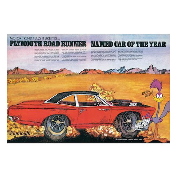 米国の自動車会社クライスラー社がかつて展開した自動車ブランドPlymouth(プリムス)に、ロードランナーのキャラクターが特徴的なポスターです。当時の広告の雰囲気をそのまま再現したレトロアメリカンなポスターがいい感じ！アメリカンな雰囲気創り...