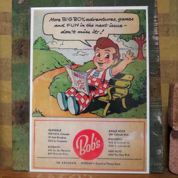 アメリカ発祥のファミリーレストラン、ビッグボーイのマスコットキャラクター「ボビー」のインテリアポスターです。アメリカンな雰囲気を味わえるアイテムです。サイズ：縦365×横260mm(約)素材：紙