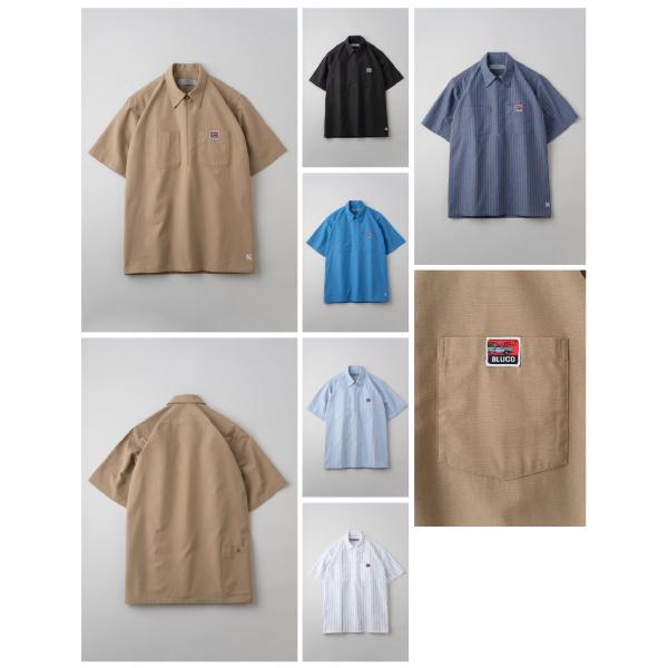BLUCO　143-21-001　プルオーバー ワークシャツカラー：ブラック/ブルー/カーキ/ネイビー/グレー ストライプ　　　　サックス ストライプ/ホワイト ストライプオリジナルTC生地を使用した新作の半袖プルオーバーシャツ。無地3色　...