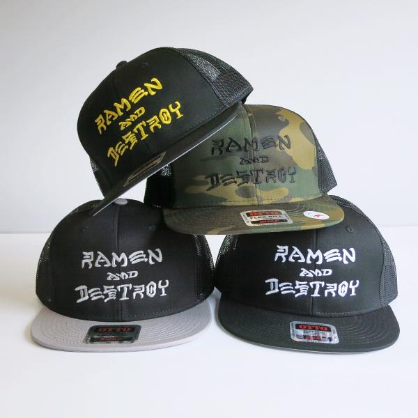 RAMEN &amp; DESTROY　オリジナル メッシュキャップ　カラー:ブラック-ホワイト刺繍/ブラック-ゴールド刺繍/ブラック・グレー-グレー刺繍/カモ−ブラック刺繍　RAME&amp;DESTROY Original MESH C...