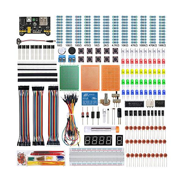 【ご購入後の当店からの連絡はご登録のメールアドレスに通知いたします。必ずご確認ください】【商品概要】ブレッドボードをはじめ、ジャンパーワイヤー、ユニバーサル基板、デュポン線、電源モジュール、5mm LED、抵抗器、LED表示器、電解コンデン...