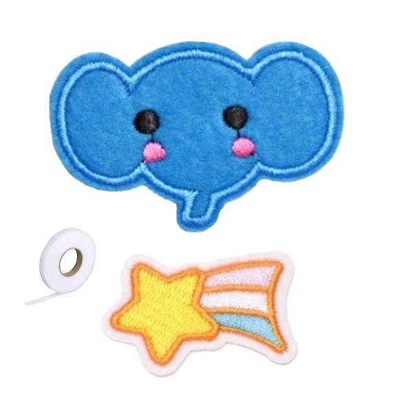 【ご購入後の当店からの連絡はご登録のメールアドレスに通知いたします。必ずご確認ください】【商品概要】刺繍 アイロンワッペン ぞう 1枚 +流れ星 1枚のセットですサイズ：写真をご覧ください/ アイロン接着でとても簡単 / 裏側がのり付きのワ...