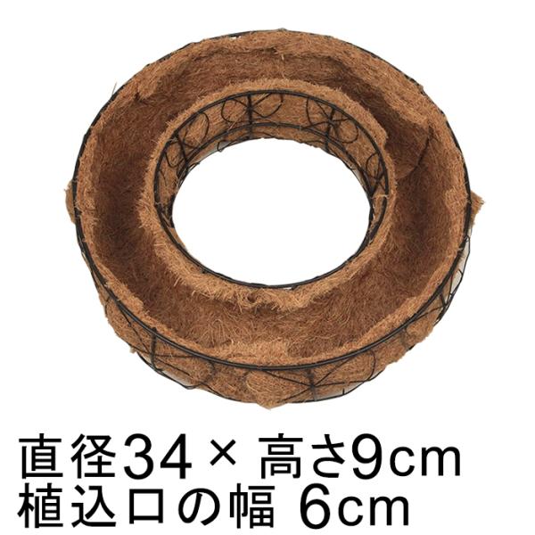 直径　約34cm高さ　約9cm植込口の幅　約6cm素材 ： アイアン＋ココシートS字フック 1つ付属植える苗の量の目安（6〜10ポット）ワイヤー溶接部の外れや色はげ・サビなどあるものもございます。使用上特に問題ないものは通常品として出荷させ...