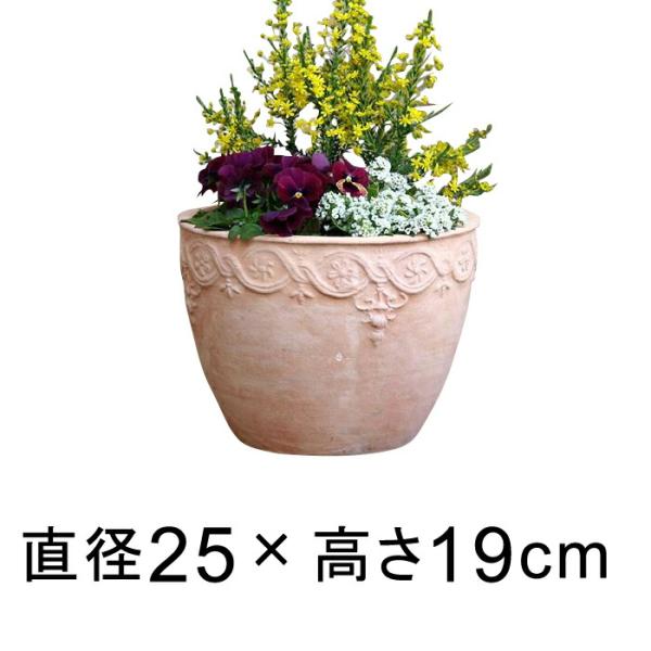 直径25.5cm　高さ19cm　口径22.5cm底直径15cm　内高さ18cm　内底直径14cm容量 ： 約 6リットル重さ ： 約 3kg色 ： 素焼き（白粉の部分あり）白粉の度合い・色ムラなど個体差がありますのでご理解ください底穴 ： 有