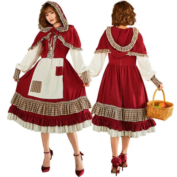 赤ずきん コスプレ ハロウィン 仮装 レディース あかずきん コスチューム ハロウィーン 衣装 Halloween コス 大人【 注目度UP!赤ずきんコスチューム 】赤とチェックのコントラストがキュート！フリルたっぷりのフードをかぶれば、メ...