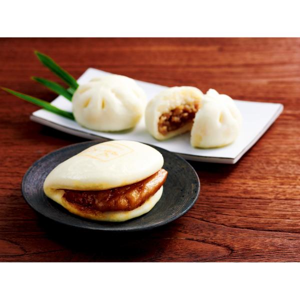 豚の角煮をふんわり生地に挟んだ角煮まんじゅう。じっくりと煮込んだ豚の角煮を生地に挟んだ角煮卓袱まんじゅう。食べやすいサイズのぶたまんとセットにしました。